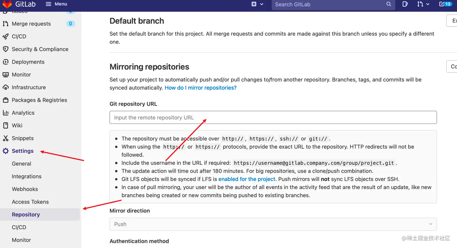 Gitlab配置mirrorRepository 镜像仓库Gitlab配置mirrorRepository 镜像仓库 业 - 掘金