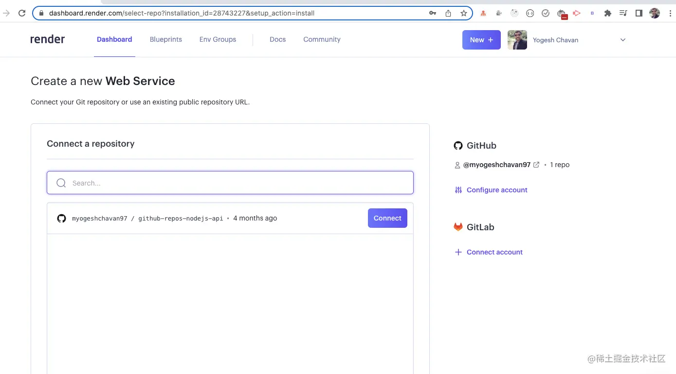使用 Render 免费部署你的 Node.js 应用程序Render提供如下图各种注册方式： 一旦注册并登陆账号之后， - 掘金