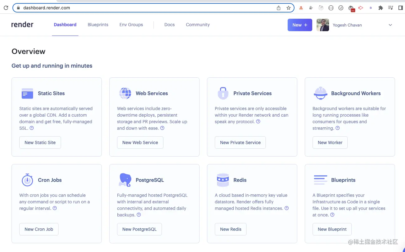 使用 Render 免费部署你的 Node.js 应用程序Render提供如下图各种注册方式： 一旦注册并登陆账号之后， - 掘金