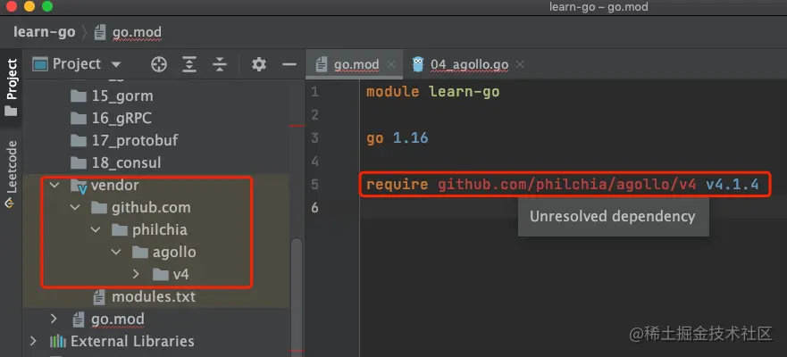 解决goland “Unresolved Dependency”标红问题本文介绍下在goland中go.mod文件，出现 - 掘金