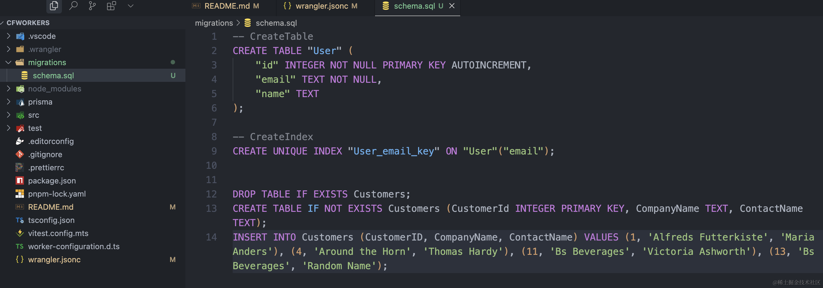 通过Wrangler CLI在worker中创建数据库和表官方使用文档：Getting started · Cloudf - 掘金
