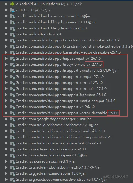 Android Gradle 依赖的各种版本冲突问题一、传递性依赖中的版本冲突 1.1 引入的支持库版本和编译版本不一致 - 掘金