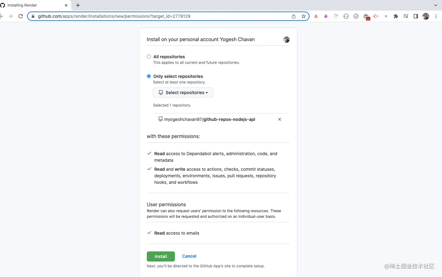 使用 Render 免费部署你的 Node.js 应用程序Render提供如下图各种注册方式： 一旦注册并登陆账号之后， - 掘金