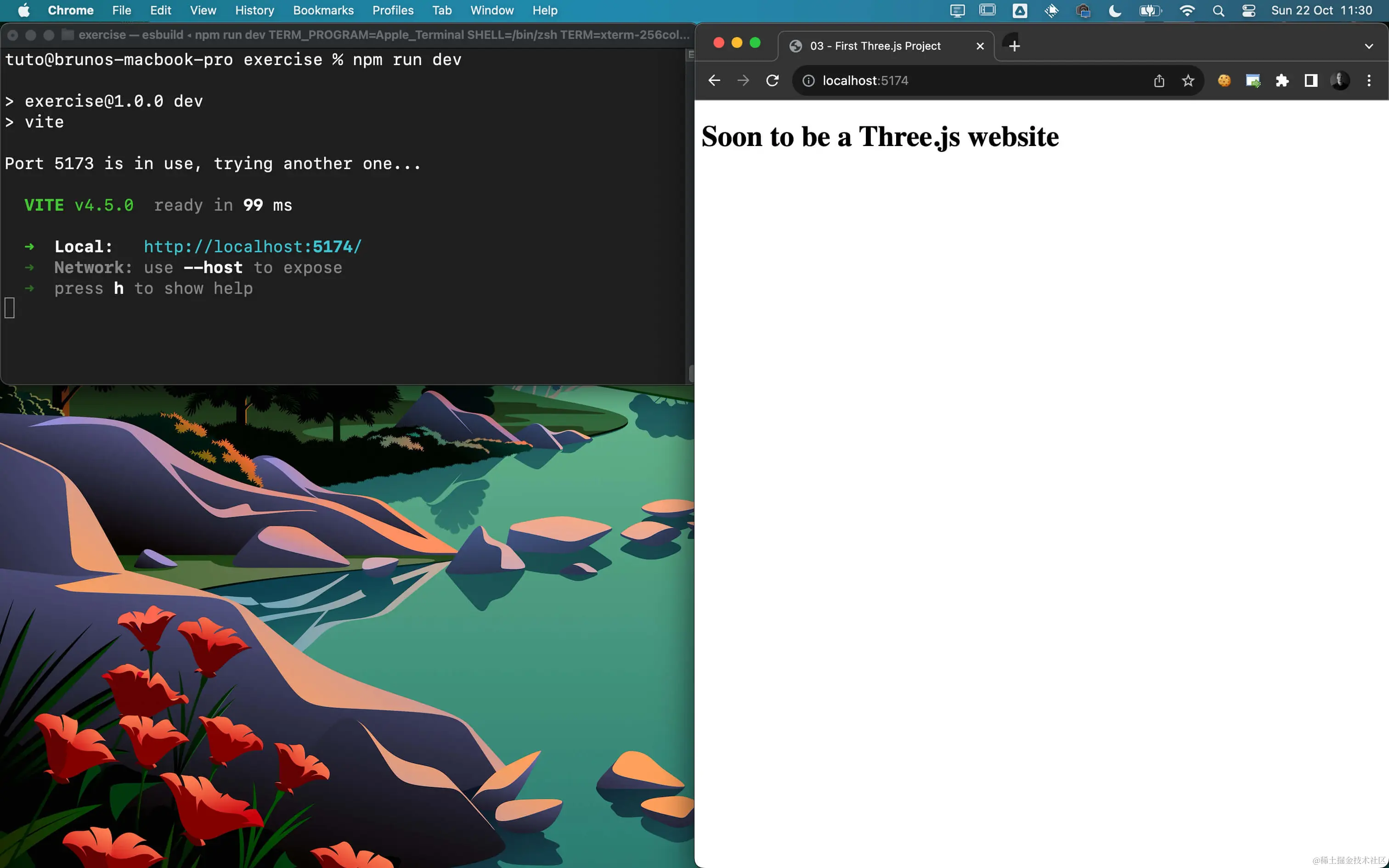 【three.js系列一】入门教程three.js 入坑第一集。创建场景并制作物品 需要4个元素才能开始： - 包含对象 - 掘金