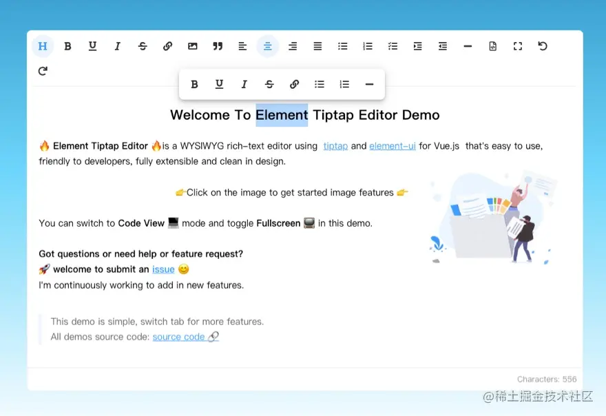 Element Tiptap Editor 免费开源的 Vue 富文本编辑器，专门为搭配 Element Ui 使用优化，使用很简单 掘金