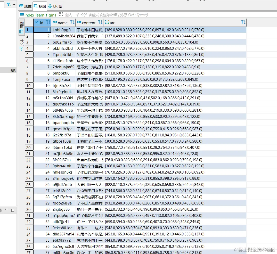 【PostgreSQL】GIN索引安装与使用 - 全模糊匹配/数组匹配，PG批量插入上万随机生成数据，随机生成字符串/数组 - 掘金