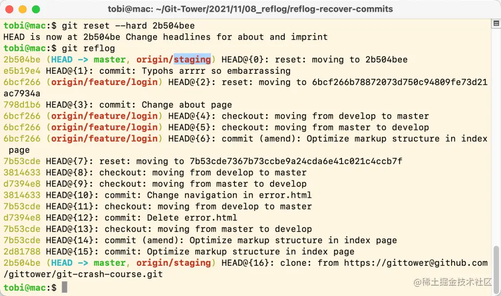 Git进阶系列 | 8. 用Reflog恢复丢失的提交Git是最流行的代码版本控制系统，这一系列文章介绍了一些Git的高 - 掘金