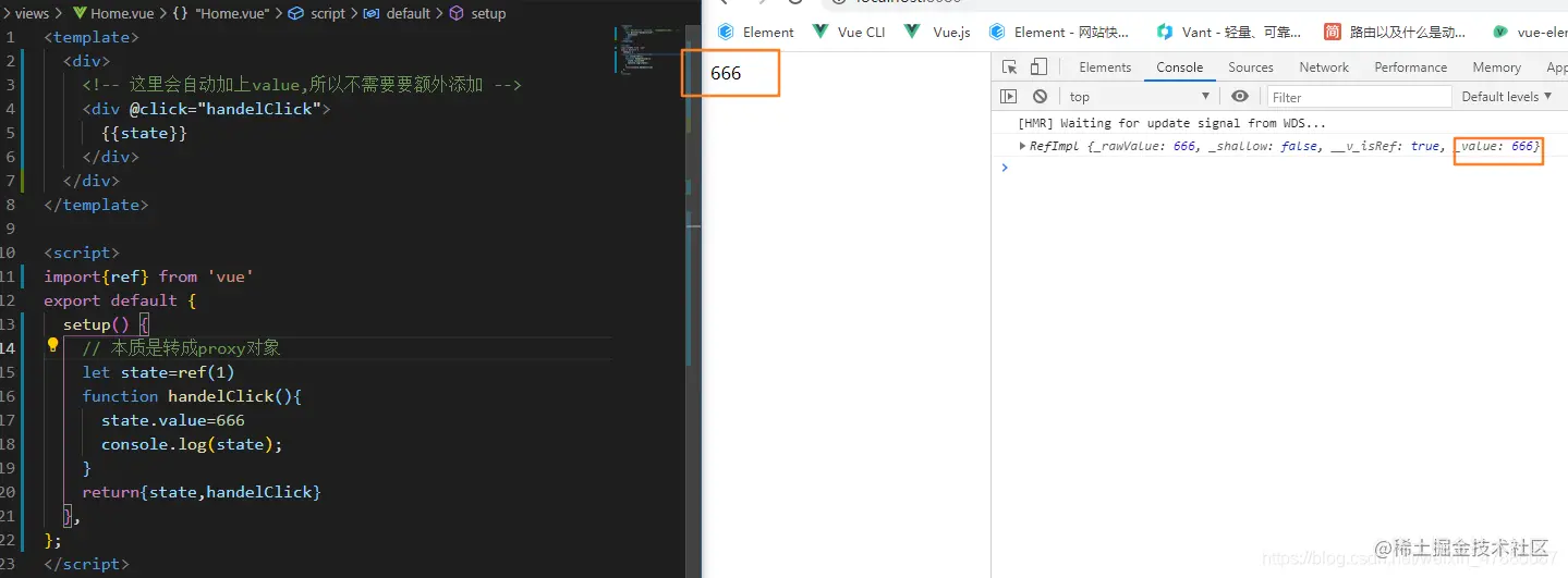 Vue3中ref的理解ref底层其实还是reactive 所以当运行时系统会自动根据传入的ref转换成reactive 掘金