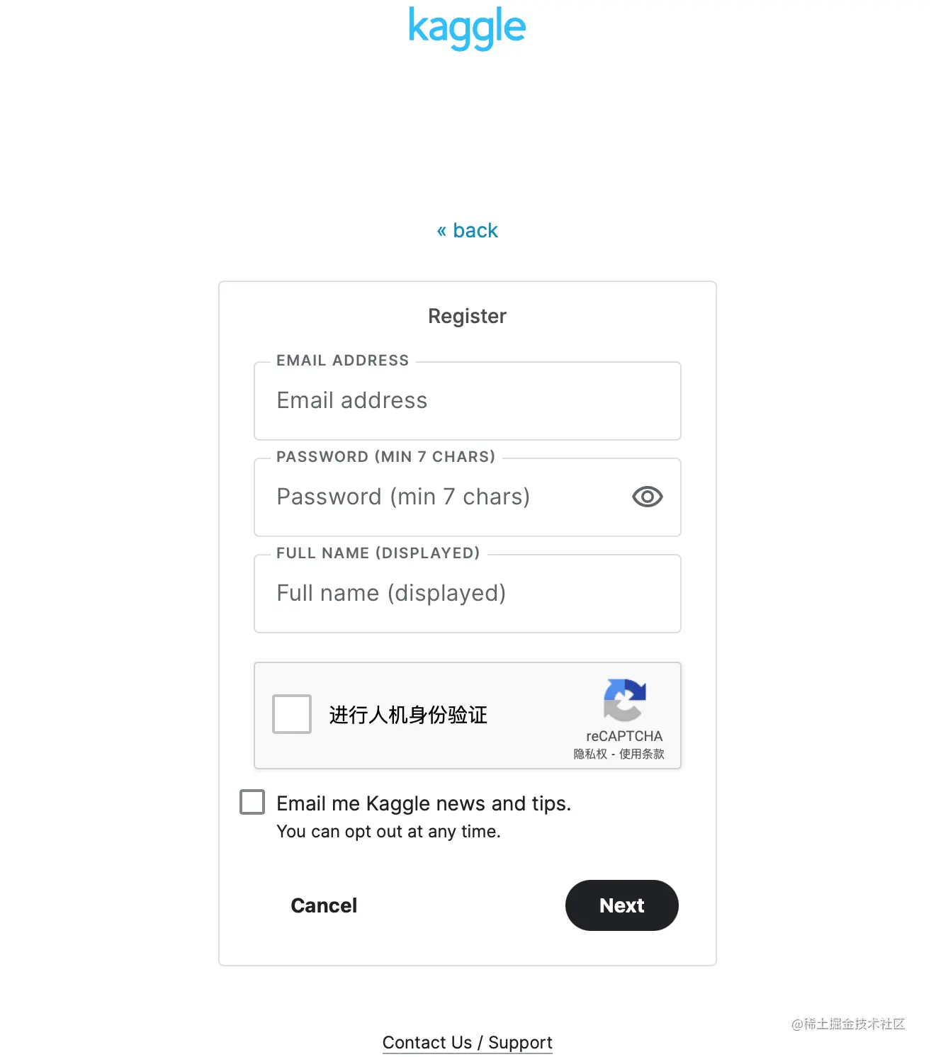 Kaggle网站注册问题在kaggle官网注册的时候一直显示一行红字Captcha must be filled out - 掘金