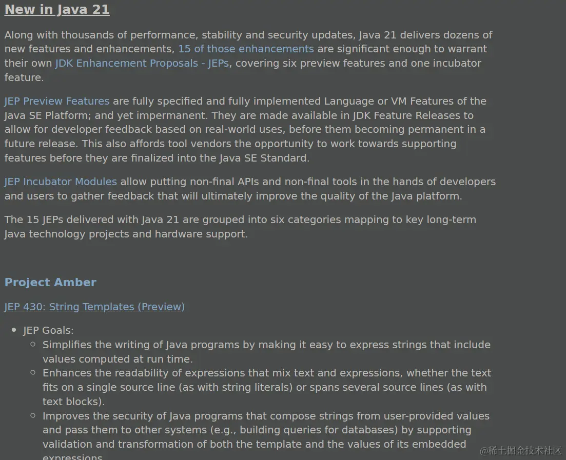 Java 21 发布，带来诸多新特性又一次创新的飞跃一、引言 2023年9月19日，Oracle公司正式发布了JDK 2 - 掘金