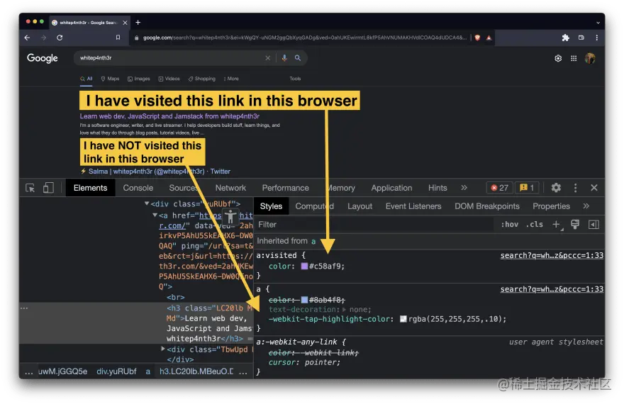 你不知道的CSS篇 - CSS 中的 : 和 :: 的区别首先简单介绍一下 `:` 和 `::` ： - `:` 指的是 - 掘金