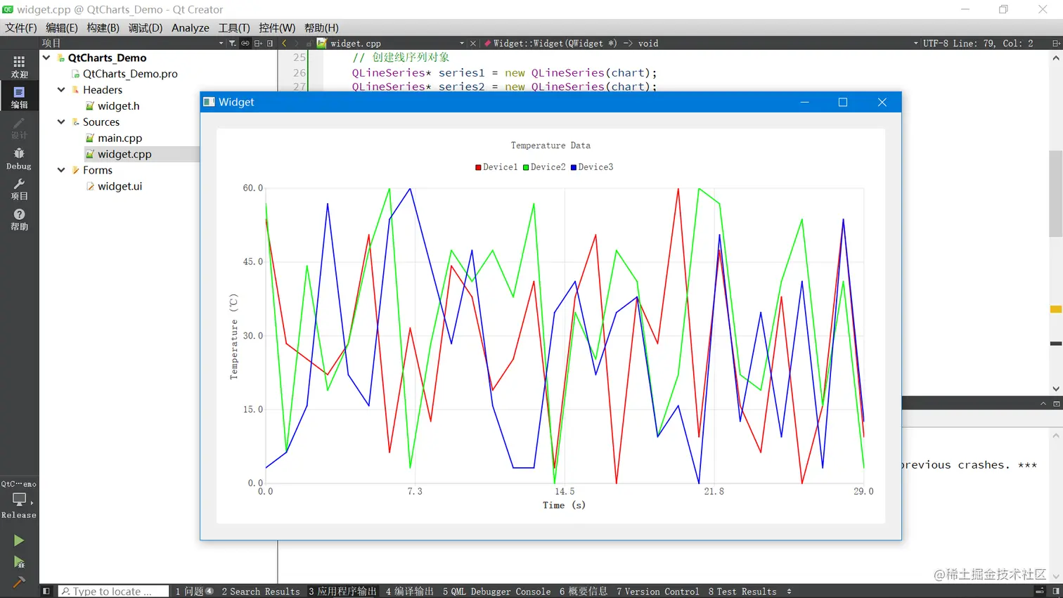 Qt(C++)使用QChart静态显示3个设备的温度变化曲线QChart模块是Qt Charts库的基础，提供了用于创建 - 掘金