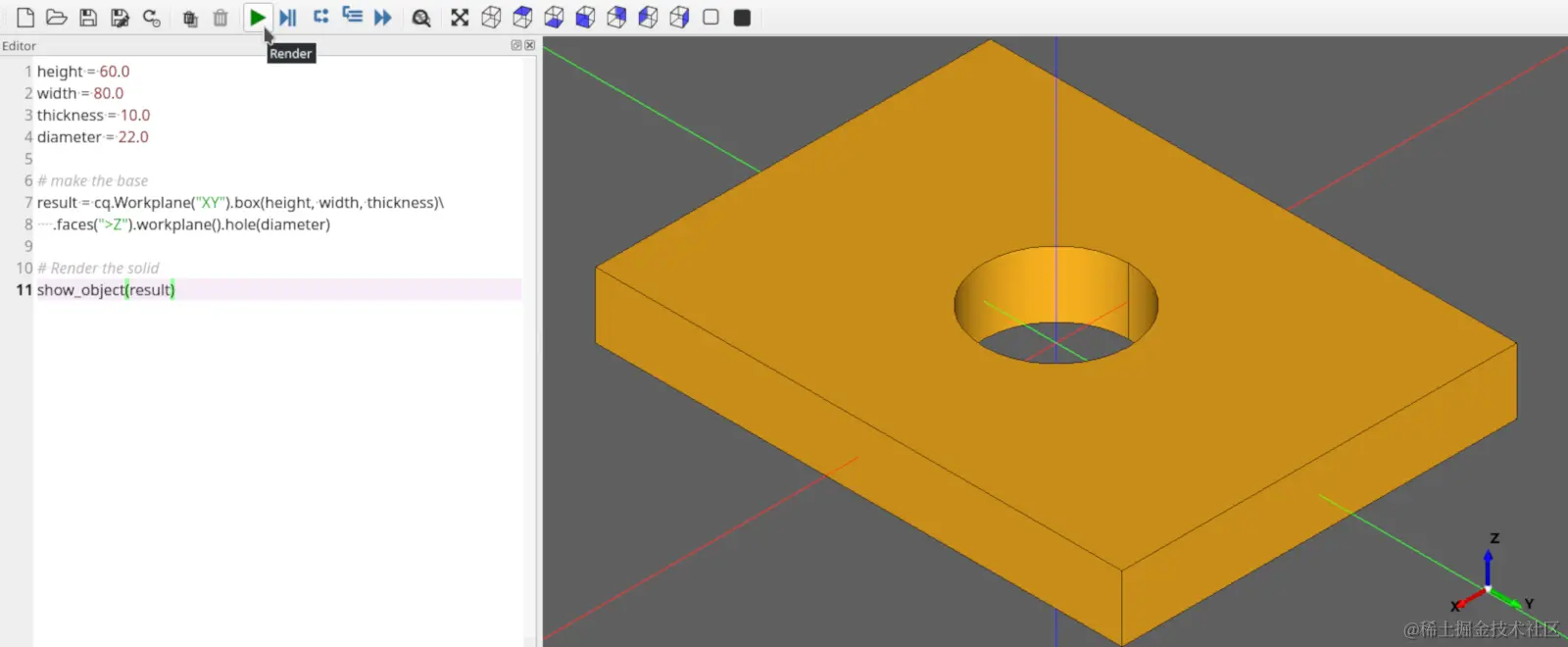 04.快速开始 - CadQuery 中文文档想要快速了解 CadQuery 的功能吗？本快速入门将使用一个简单的示例 - 掘金