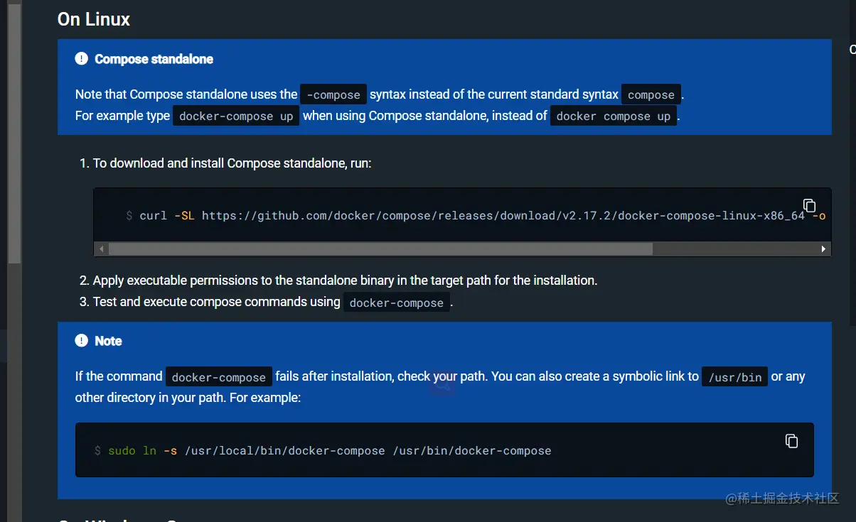 Docker Compose讲解与安装本文主要讲解docker Compose的安装，包括linux和windows安装 掘金