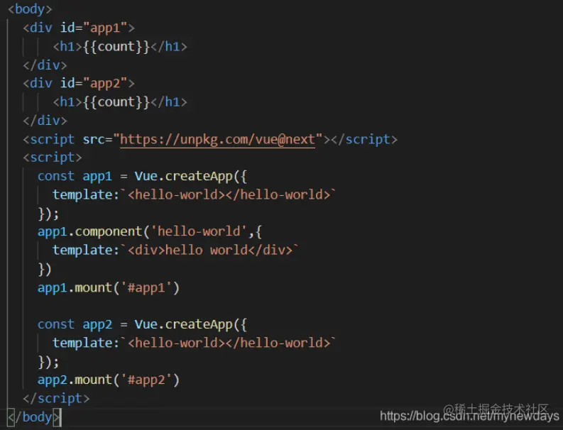 浅谈vue2和vue3在创建vue实例上的区别vue2x Vue2是通过new Vue，构造函数的方式来创建实例 掘金