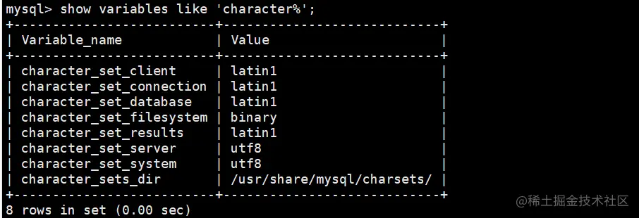 MySQL默认字符集设置查看各版本默认字符集 在MySQL 8.0版本之前，默认字符集为latin1 ，utf8字符集指 - 掘金