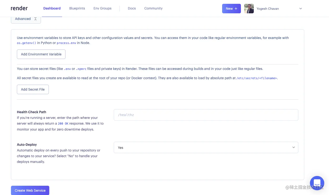 使用 Render 免费部署你的 Node.js 应用程序Render提供如下图各种注册方式： 一旦注册并登陆账号之后， - 掘金