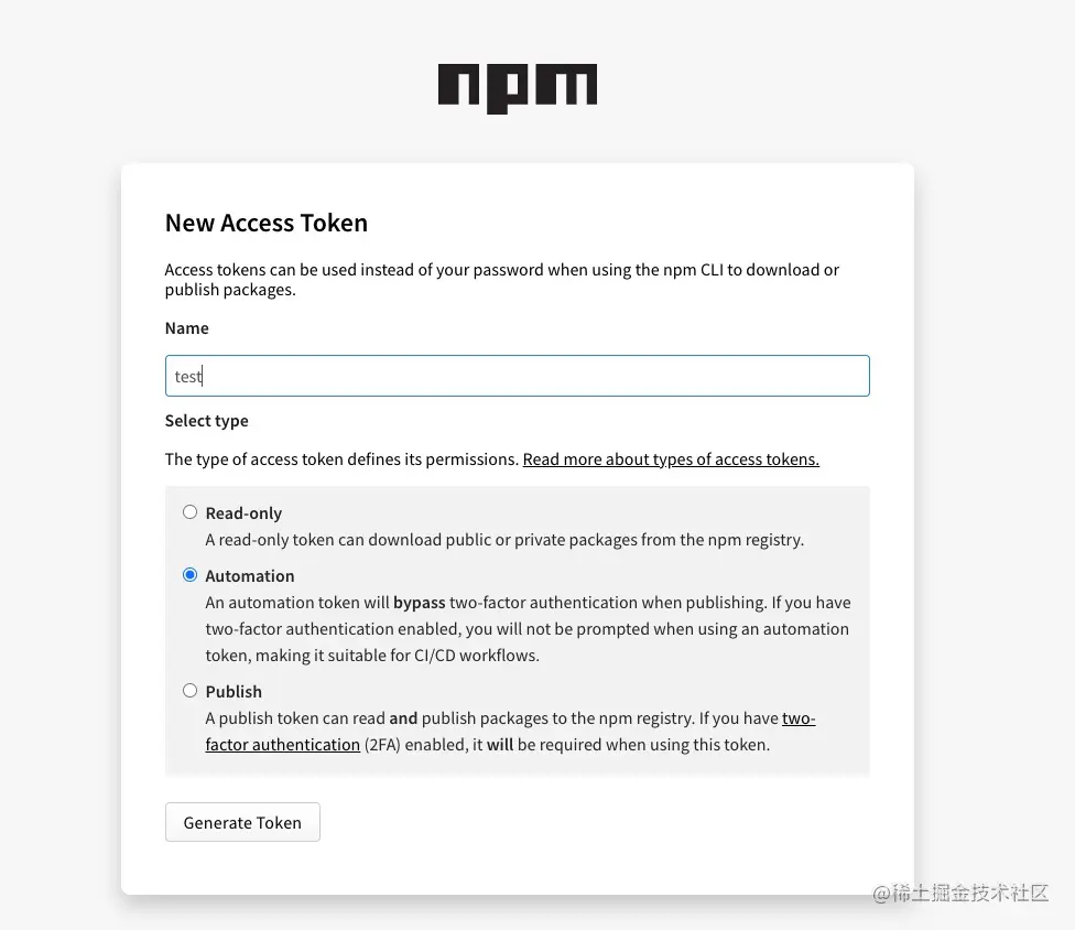 使用token发布npm包使用场景 在CI/CD自动化发布npm场景中，网上大部分文章采用的是npm cli命令方式输入 - 掘金