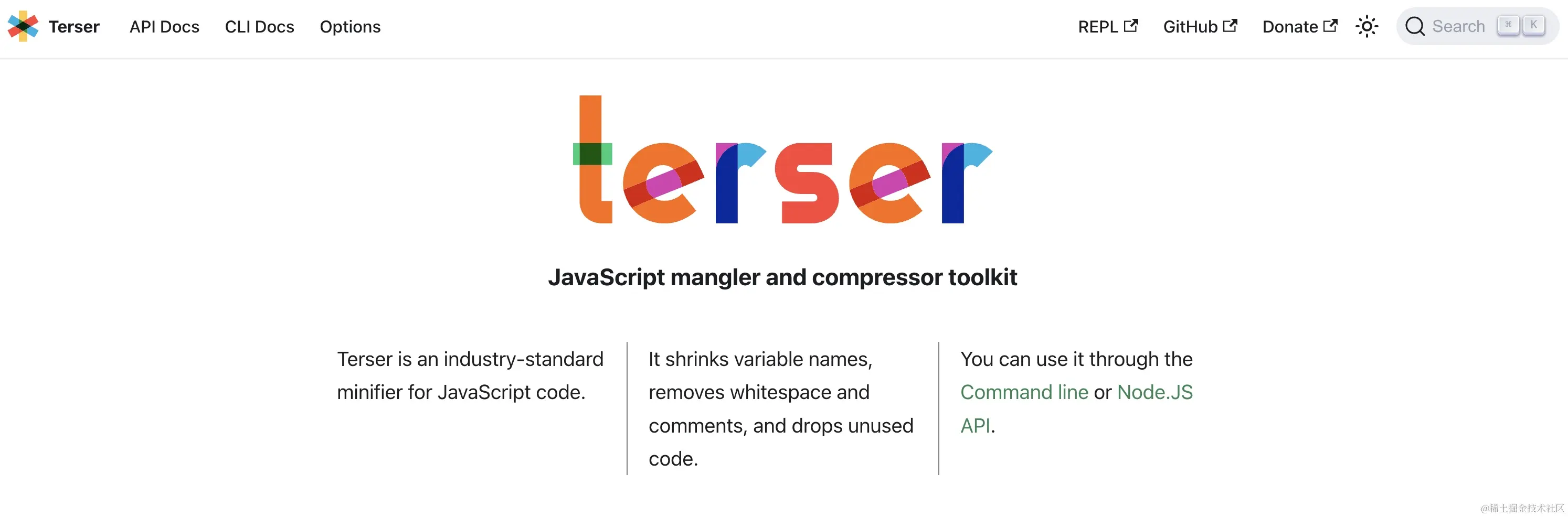 Day14 【代码压缩神器】TerserTerser Terser 是一个流行的 JavaScript 解析器和压缩器， - 掘金