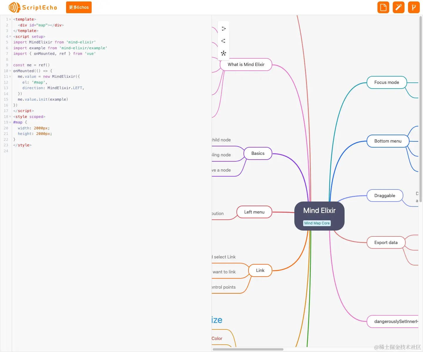 利用 Mind Elixir 在 Vue 中创建交互式思维导图本文由ScriptEcho平台提供技术支持 项目地址：传送 - 掘金