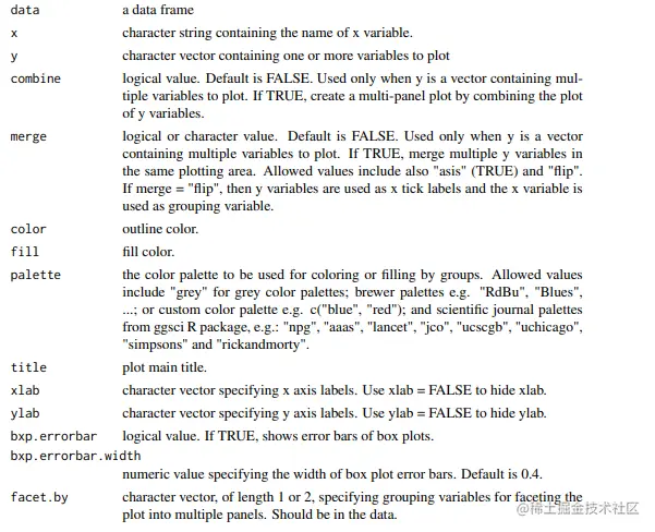 03 R包ggpubr学习-ggboxplotggboxplot 函数参数,介绍了该函数的基础用法和部分常用参数，在最后 - 掘金