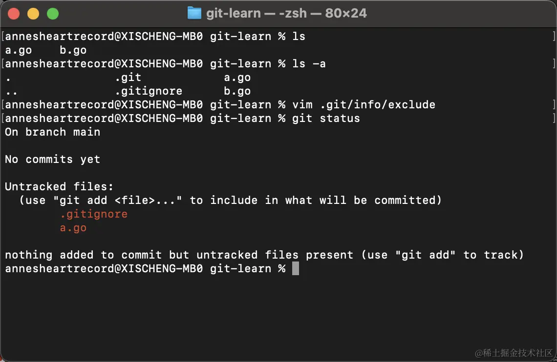 Git高级——忽略文件的几种方式初始化git仓库 首先我们创建一个git-learn目录，通过git init来初始化g - 掘金