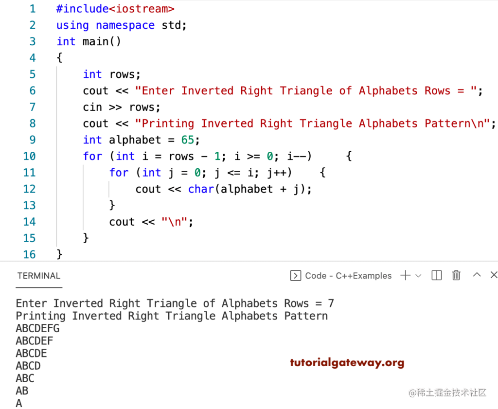 C++程序打印倒置的直角三角形字母图案 - 掘金