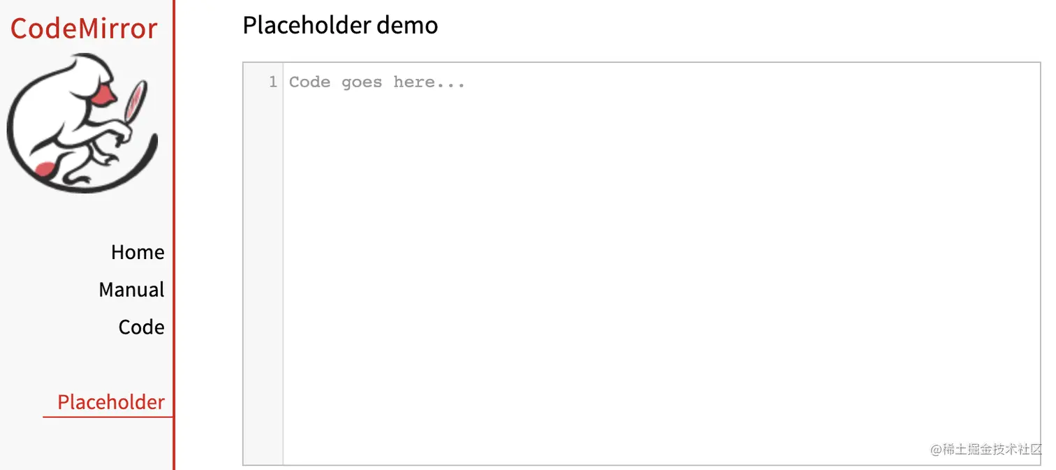 代码编辑器vue Codemirror中placeholder的使用方法在codemirror的官方展示页中，有plac 掘金 