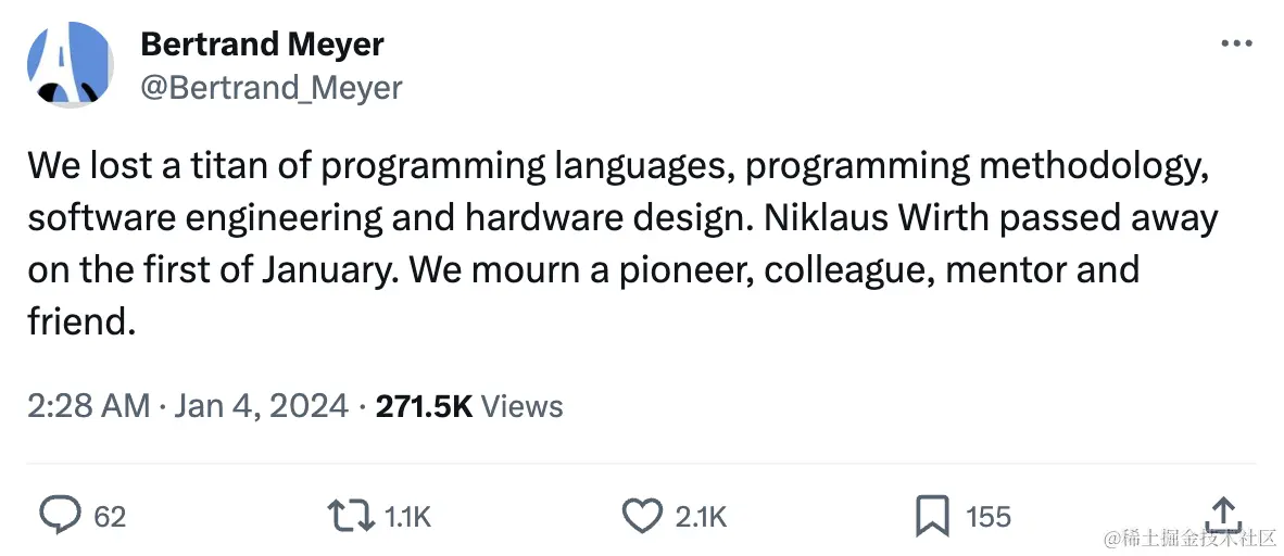 图灵奖得主Niklaus Wirth逝世，从Euler到Pascal，一代编程巨星陨落R.I.P 编程祖师爷Niklau - 掘金