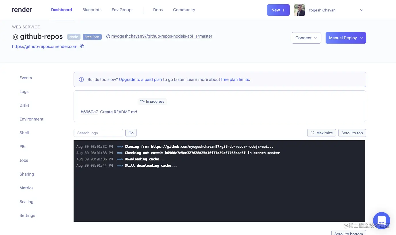 使用 Render 免费部署你的 Node.js 应用程序Render提供如下图各种注册方式： 一旦注册并登陆账号之后， - 掘金
