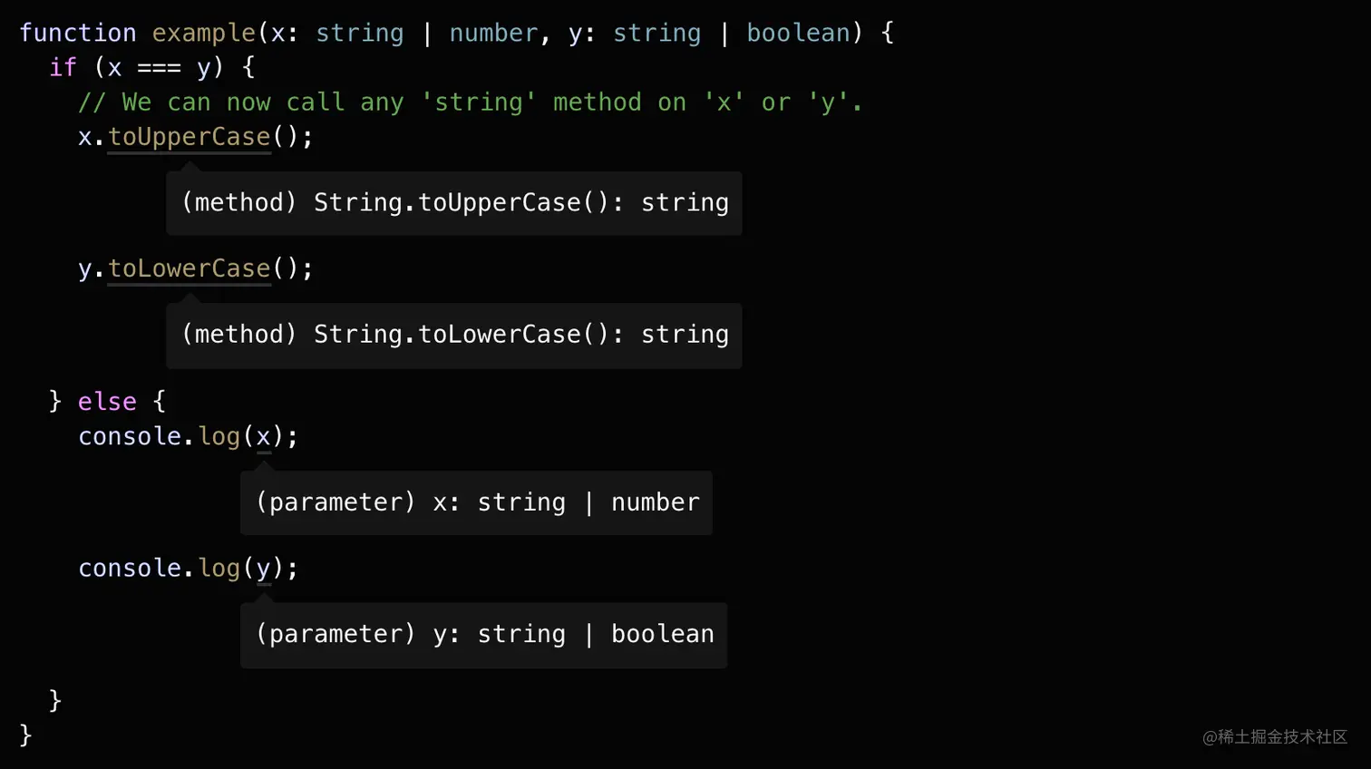 Ts文档 类型收窄和类型保护类型收窄指的是将某一个可能为多种类型的组合缩减成某一种具体类型。透过类型保护可以让t 掘金