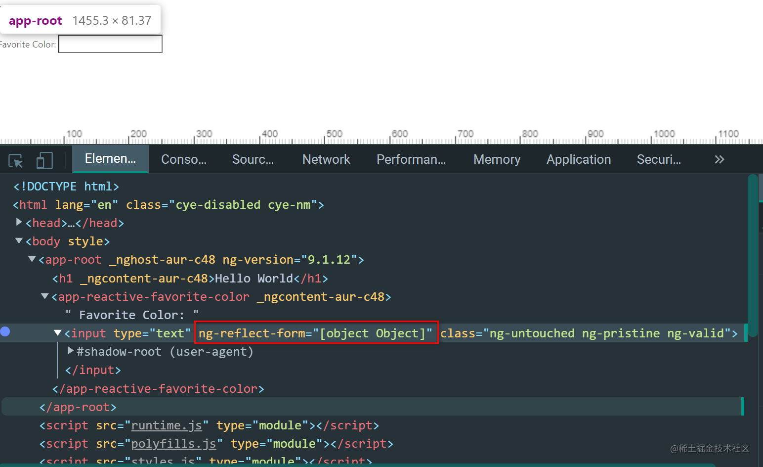 The generation time of the Ng-reflect-form property and its value in the Angular Form control's ...