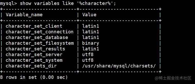 MySQL默认字符集设置查看各版本默认字符集 在MySQL 8.0版本之前，默认字符集为latin1 ，utf8字符集指 - 掘金